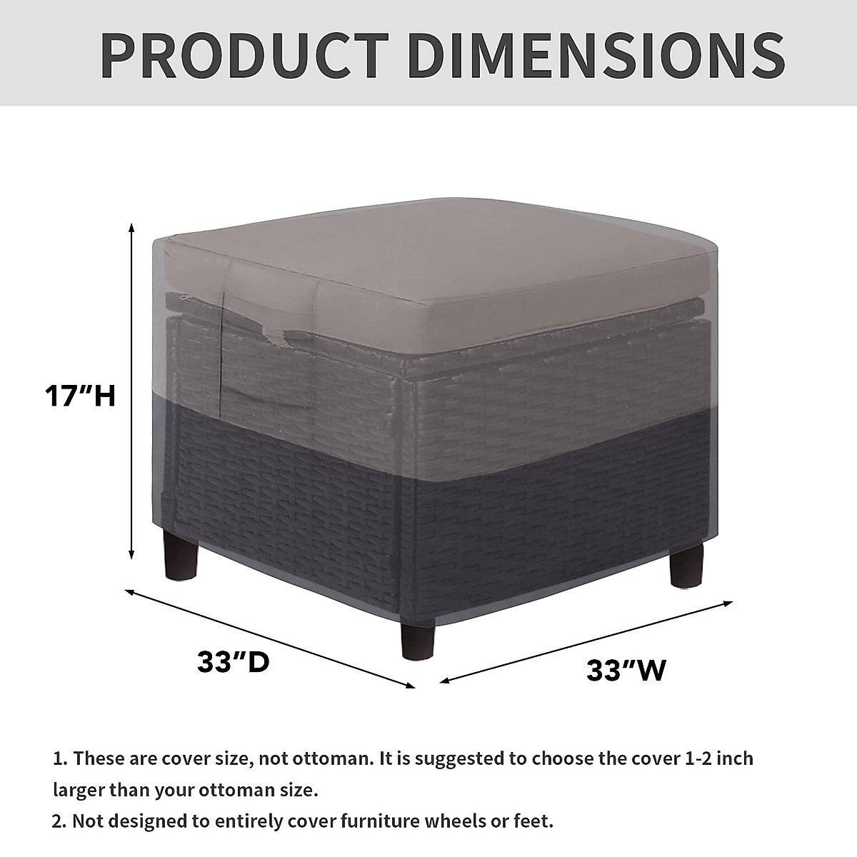 Easy-Going Outdoor Ottoman Cover, Waterproof Patio Ottoman Cover, Heavy Duty Outdoor Furniture Cover with Padded Handles (33"x33"x17", Gray/Dark Gray)