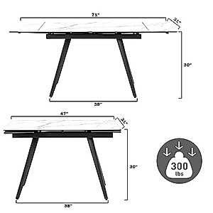 SIMTONAL Extendable Dining Tables, 71" Rectangular Kitchen Table with Sintered Stone Tabletop（Only Table）, White
