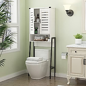 Saedew Over The Toilet Storage Cabinet, Over Toilet Bathroom Organizer with 2-Door Blinds Design, Freestanding Space Saver Toilet Stands,Bathroom Toilet Rack, White…