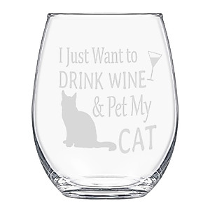 Futtumy I Just Want to Drink Wine and Pet My Cat Stemless Wine Glass, Wine Gifts Idea Cat Lover Cat Owner Women Mom Best Friend Cat Mom Birthday Mothers Day Christmas, Cat Gifts for Cat Lovers