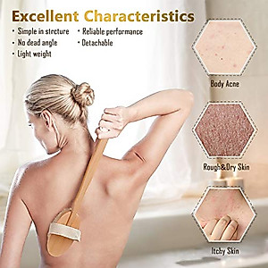 Body Brush for Bath or Shower - Dry or Wet Skin Exfoliating Long Wood Handle Back Scrubber with White Sponge