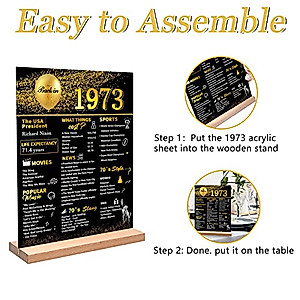 Vlipoeasn Large Size 1973 Poster 50th Birthday Anniversary Table Decoration for Women, Black Gold Duplex Print Back in 1973 Acrylic Table Sign with Wooden Stand, 50 Year Old Birthday Gifts for Women