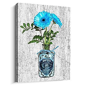 kitchen Wall Decor Blue Flower Canvas Wall Art for Bedroom Bathroom Decorations Pictures Modern Black and white Canvas prints Artwork farmhouse Vintage Wood grain background paintings Home Decoration