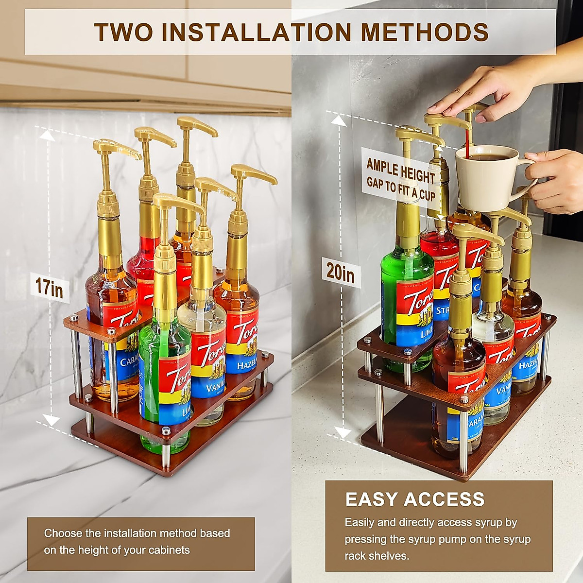 SHILFID Coffee Syrup Organizer Rack,2-Tier Coffee Syrup Stand Holder for Coffee Station Countertop,6 Bottles Storage Display Shelves for Wine, Dressing Cocktail in Coffee Bar