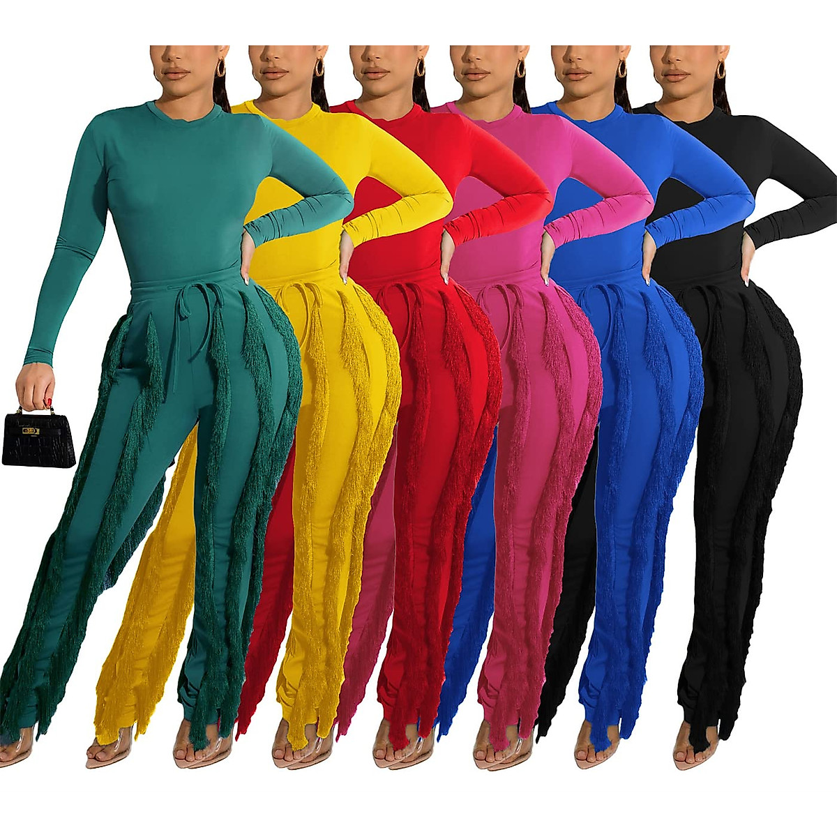 Vakkest Tassel Bodycon Long Pants Tracksuit Sets for Women Ladies Girls Females Two Piece Outfits Activewear Sweatpants