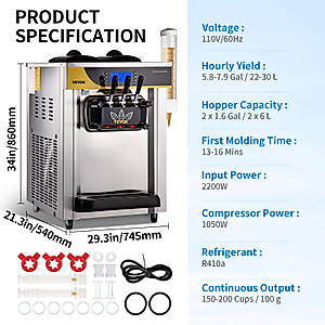 VEVOR Commercial Ice Cream Maker, 2x6L Hopper, 22-30L/H High Output, 2200W Soft Ice Cream Machine w/LCD Panel, Puffing & Shortage Alarm, Countertop Soft Serve Maker for Restaurant Home Party, Silver