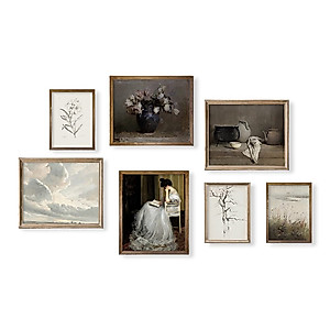 Vintage Boho Farmhouse Wall Art - Neutral Flower Portrait Wall Print for Bathroom Kitchen - Nature Botanical Poster Picture Room Decor, Tree Plant Drawing, French Country Cottagecore Aesthetic Set 7