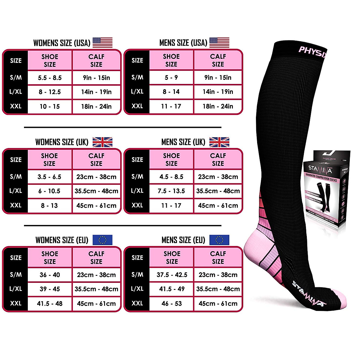 Physix Gear Compression Socks 20-30 mmHg - Men & Women - Running, Nurses, Shin Splints, Flight, Travel (BLACK / PINK-L/XL)