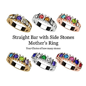 Central Diamond Center Straight Bar w/Side CZs Mothers Ring with 1-6 Simulated Birthstones - Solid Sterling Silver - Size 8