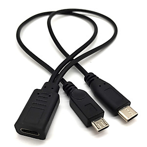 Traovien USB C Splitter Cable, USB Type C Female to Male and Micro USB Male Y Splitter Extension Charge Cable (0.3m/12inch 1Pcs)