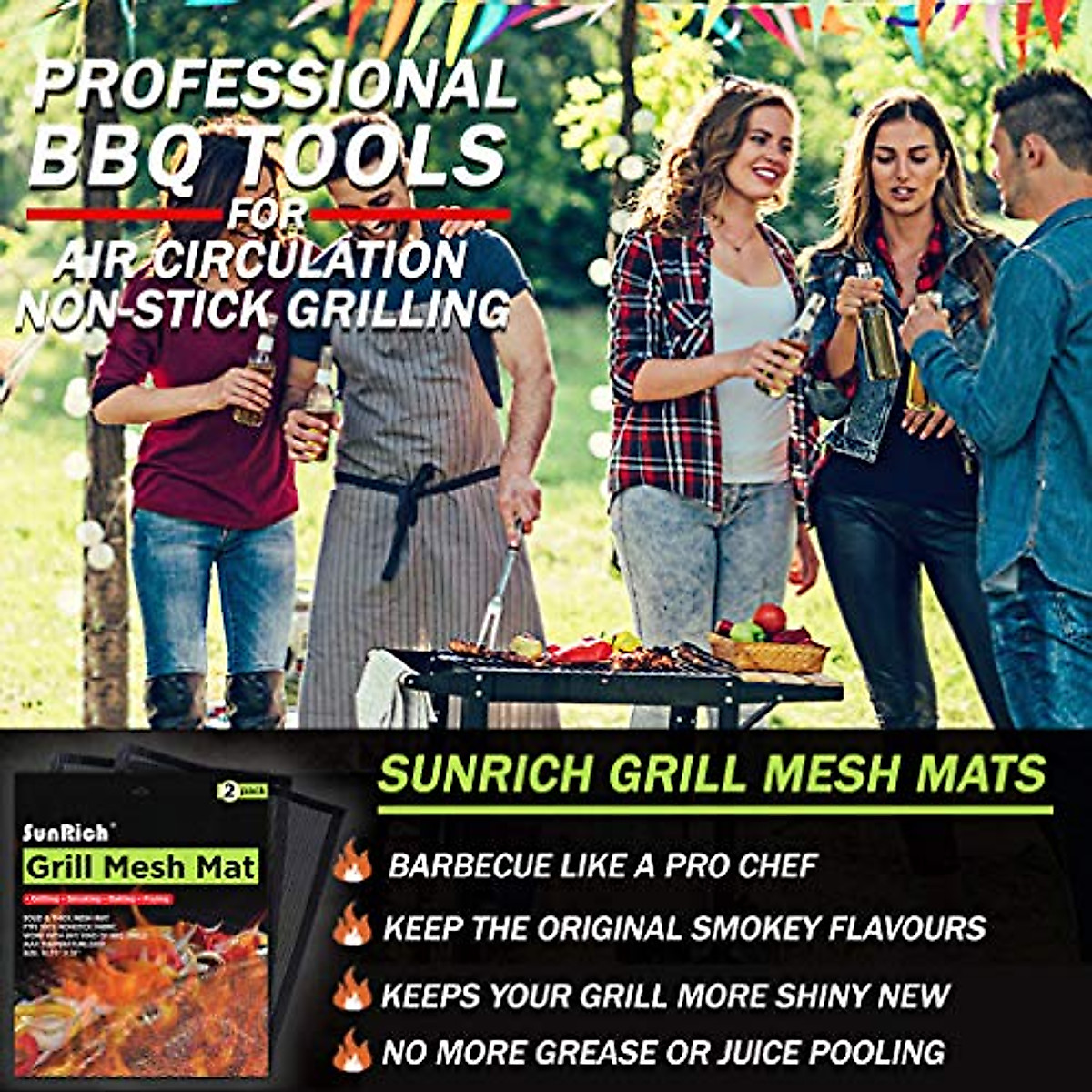 BBQ Grill Mesh Mat Barbecue Cooking Mat Non-Stick Set(2) for Outdoor Grilling Teflon Grill Mesh Sheet Liner Heavy Duty Easy to Clean for Smoker,Gas,Charcoal,Electric Grill,Oven by SUNRICH