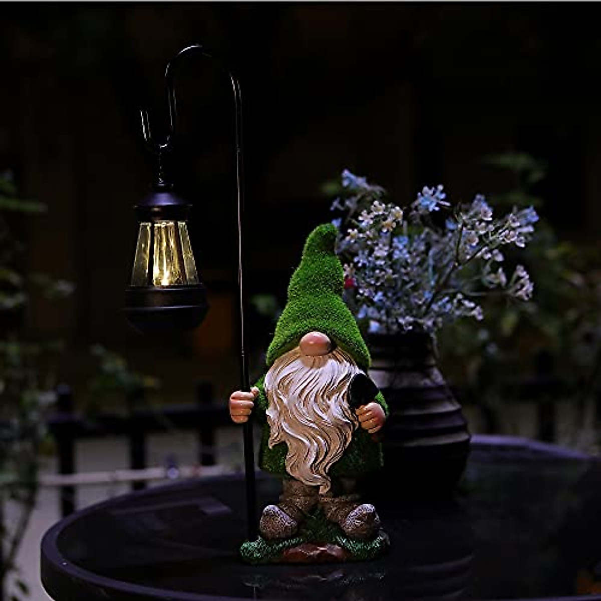 HDNICEZM Flocked Garden Gnome Statue, Large Outdoor Gnome with Solar Lights, Funny Garden Figurines for Outdoor Home Yard Decor (15.8 Inch Tall)