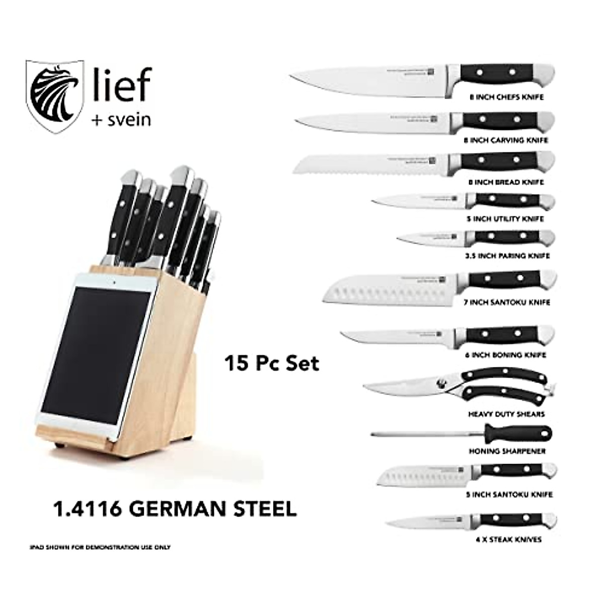 LIEF+SVEIN Brand German Steel Knife Block Set, 15-Piece Kitchen Knife Sets. German Stainless 1.4116 Steel. Unique Kitchen Knives Set with Ipad Holder. Ideal knife set with block and sharpener.