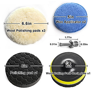 BOKA 6 Inch Buffing Pads, 8 PCS Polishing Pad Attachment for Drill, Wool Car Buffer Wheel for Drill with M14 Drill Adapter, 3 × Buffing Pad 6", 1 × Sponge Polishing Pad, 2 × Wax Applicator