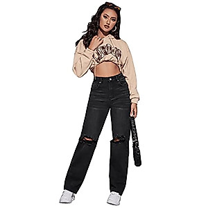 SweatyRocks Women's High Waist Ripped Jeans Distressed Raw Hem Denim Pants Solid Black M