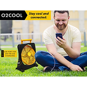 O2COOL 10-Inch Battery Operated Fan - Portable with Internal Rechargeable Battery, Multiple Power Options - AC/DC Adapter, USB Port for Emergencies, Camping, Travel, Indoor and Outdoor Use (Orange)