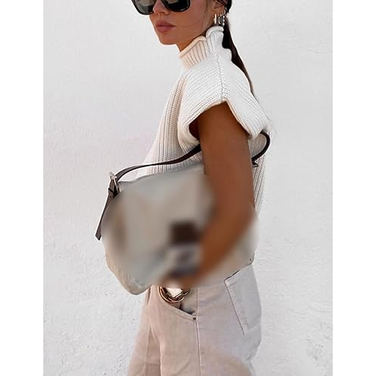 Hooever Women's Turtleneck Sleeveless Knitted Tank Tops Shoulder Pads Sweater Vest(White-S)