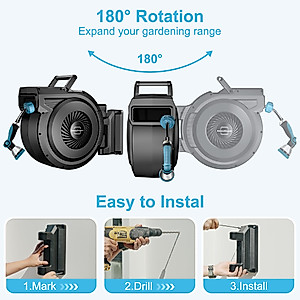 PolarcoForgeco Retractable Garden Hose Reel - 5/8 inch x 90 ft Wall Mounted Hose Reel with 10 Pattern Nozzle & Any Length Lock, Heavy Duty Water Hose Supports Automatic Rewind & 180° Swivel, Black