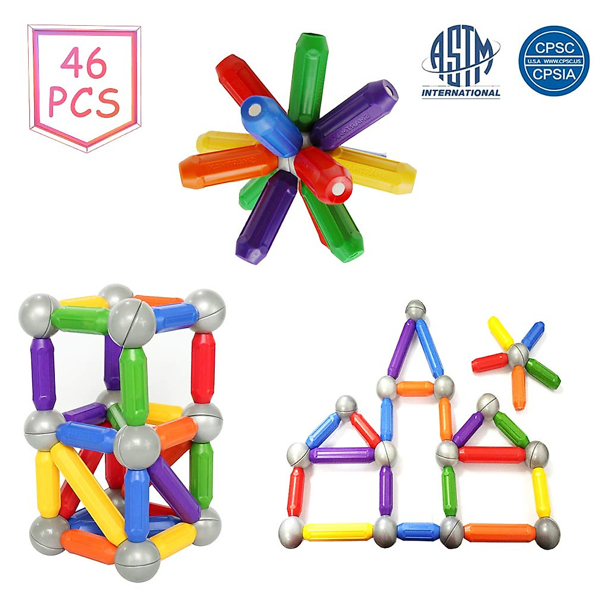 Bmag 46 PCS Magnetic Balls and Rods Set, Magnet Building Sticks Set, Building Blocks Tiles, STEM Stacking Toys for Kids,Juniors,Toddlers