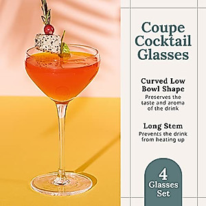 Nick and Nora Coupe Glasses – Martini Cocktail Glasses Set of 4 (5.7 oz) – Elegant Manhattan Glasses for Hosting Parties – Hand-Blown Lead-Free Crystal Cups