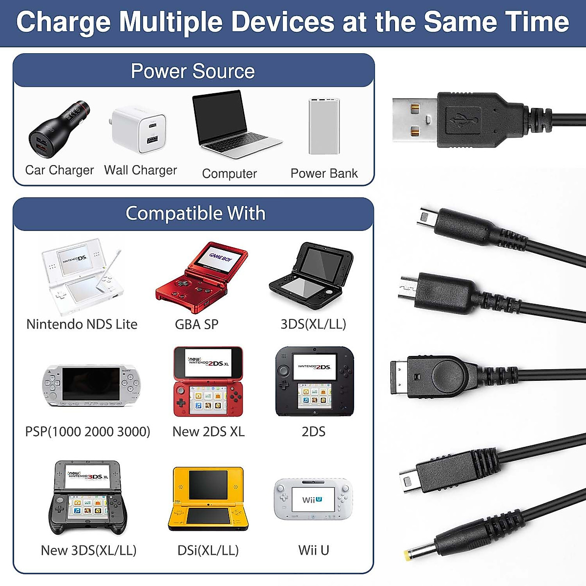 Mart Cobra USB Charger Cable for New 3DS XL/New 3DS/3DS XL/3DS/new 2DS XL/2DS/DS/DSi/GBA SP/DS Lite/Wii U Gamepad/PSP/Compatible 5 in 1 Nintendo 3DS Charger, Nintendo DS Charger, Gameboy Advance SP