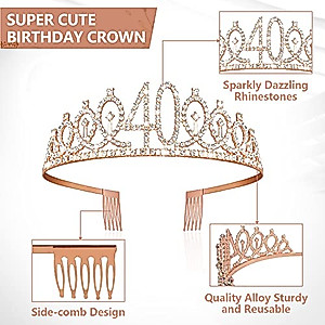 GOGOPARTY 40th Birthday Gifts for Women, Rose Gold 40th Birthday Decorations Including 40th Birthday Crown, Sash, Cake Topper, Candle, Compact Mirror, Birthday Card, 40th Birthday Gift Set for Women