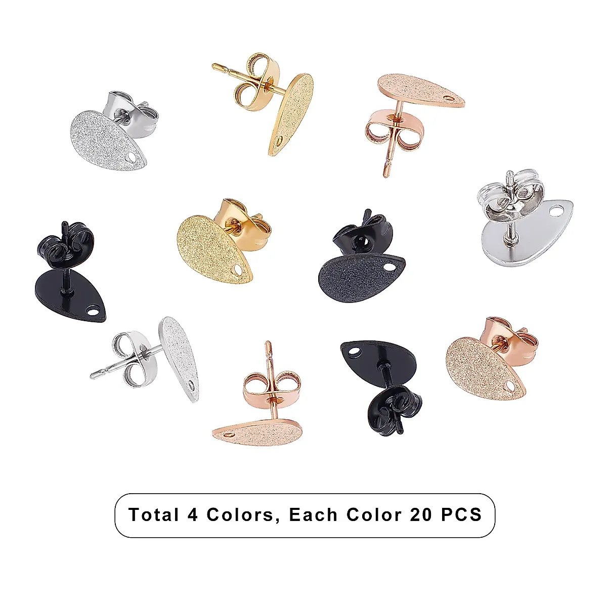 UNICRAFTALE About 80pcs Vacuum Plating 304 Stainless Steel Hypoallergenic Stud Earring Findings,Neutral Style with Texture, Teardrop Shape, 4 Color Mixed Earring Set