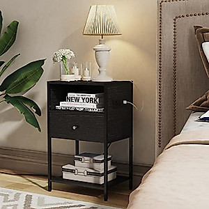 LDTTCUK Nightstand with Charging Station, Modern End Table with Drawer, Bedside Table with Open Storage for Bedroom,Black