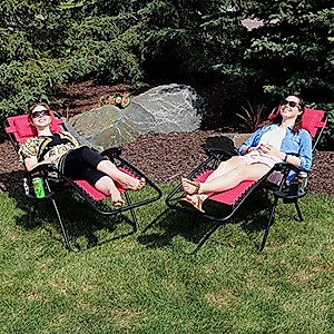 Sunnydaze Outdoor Zero Gravity Lounge Chairs with Pillow and Cup Holder Folding Patio Lawn Recliner Set of 2 Red