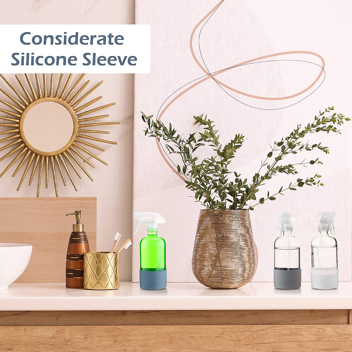 CHENGU 6 Packs Empty Glass Spray Bottles with Silicone, 17 oz Refillable Container Clear Spray Bottles for Cleaning Solutions, Essential Oils, Misting Plants (White, Light Gray, Dark Gray, Green)