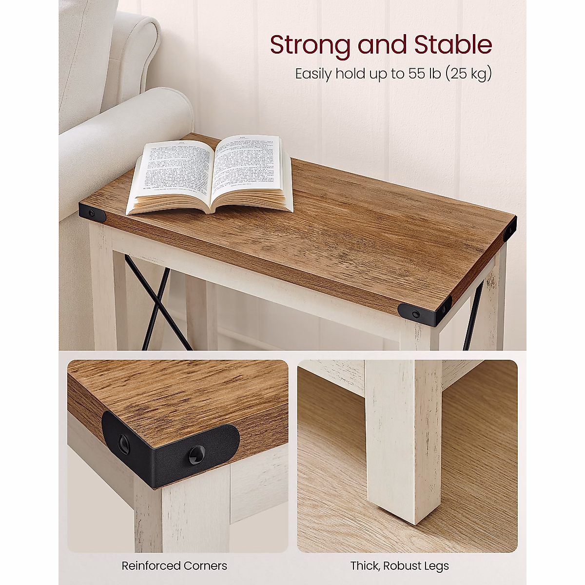 VASAGLE 2-Tier End Table, Side Table with Bottom Shelf, Nightstand for Small Spaces, for Living Room, Bedroom, Farmhouse Style, Rustic White and Honey Brown ULET235W01