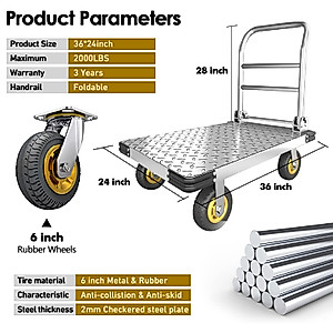 Platform Truck Heavy Duty Push Cart Dolly with 2000 LBS Capacity, Foldable Moving Flatbed Cart with 6'' Swivel Wheels, Large Steel Platform Dolly Cart for Groceries, Garage, Warehouse (36"X 24")
