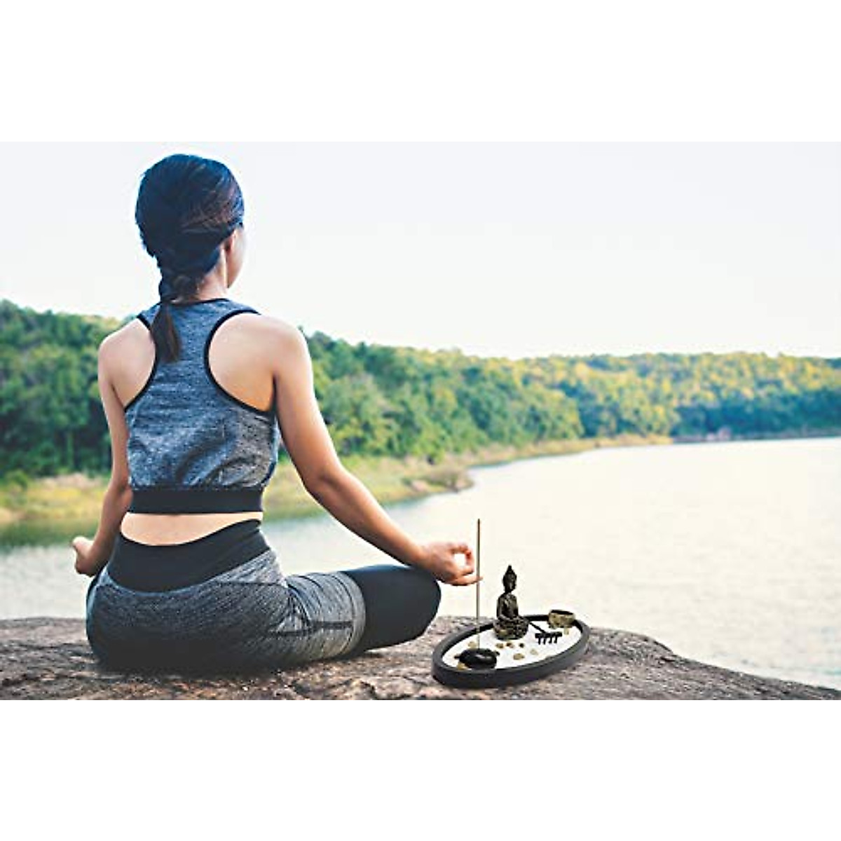 Japanese Zen Garden Kit Home Decor - Buddha Incense Stick Holder Office Desk Accessories - Zen Garden Sand Corner Desk Office Decor - Buddha Statue Table Top - 13.5" x 6.25" x 5"