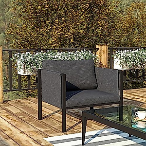 Flash Furniture Lea Indoor/Outdoor Patio Chair with Cushions - Modern Steel Framed Chair with Storage Pockets, Black with Charcoal Cushions