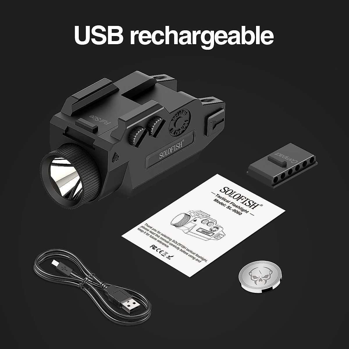 Solofish 650 Lumens Pistol Light with Strobe & Memory, Slidable Tactical Flashlight, Rail-Mounted Gun Light Compatible with Glock Pistols w/Picatinny， Rechargeable