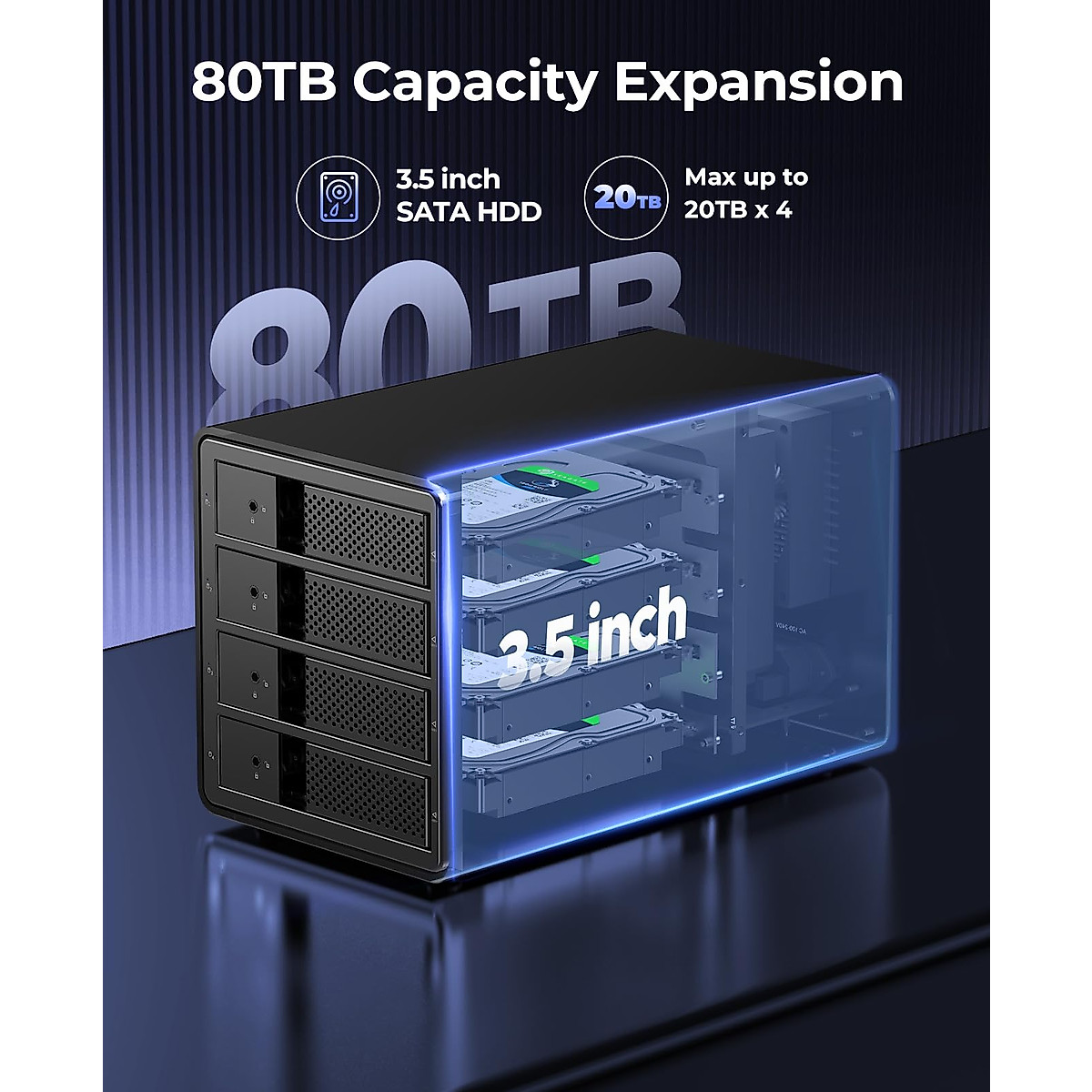 ORICO 4 Bay Raid Hard Drive Enclosure Aluminum with Hard Drive Tray-Less Design HDD Enclosure Max Up to 80TB Support RAID 0/1/3/5/10/JBOD/Single Mode, Designed with Safety Lock -9548RU3