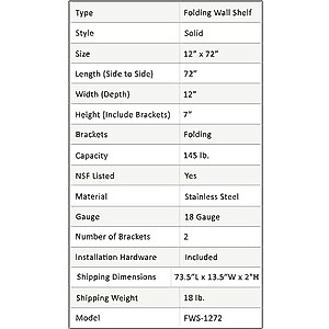 Express KitchQuip 12" x 72" Stainless Steel Folding Wall Shelf - Food Truck, Kitchen, Restaurant, Laundy, Garage and Utility Room