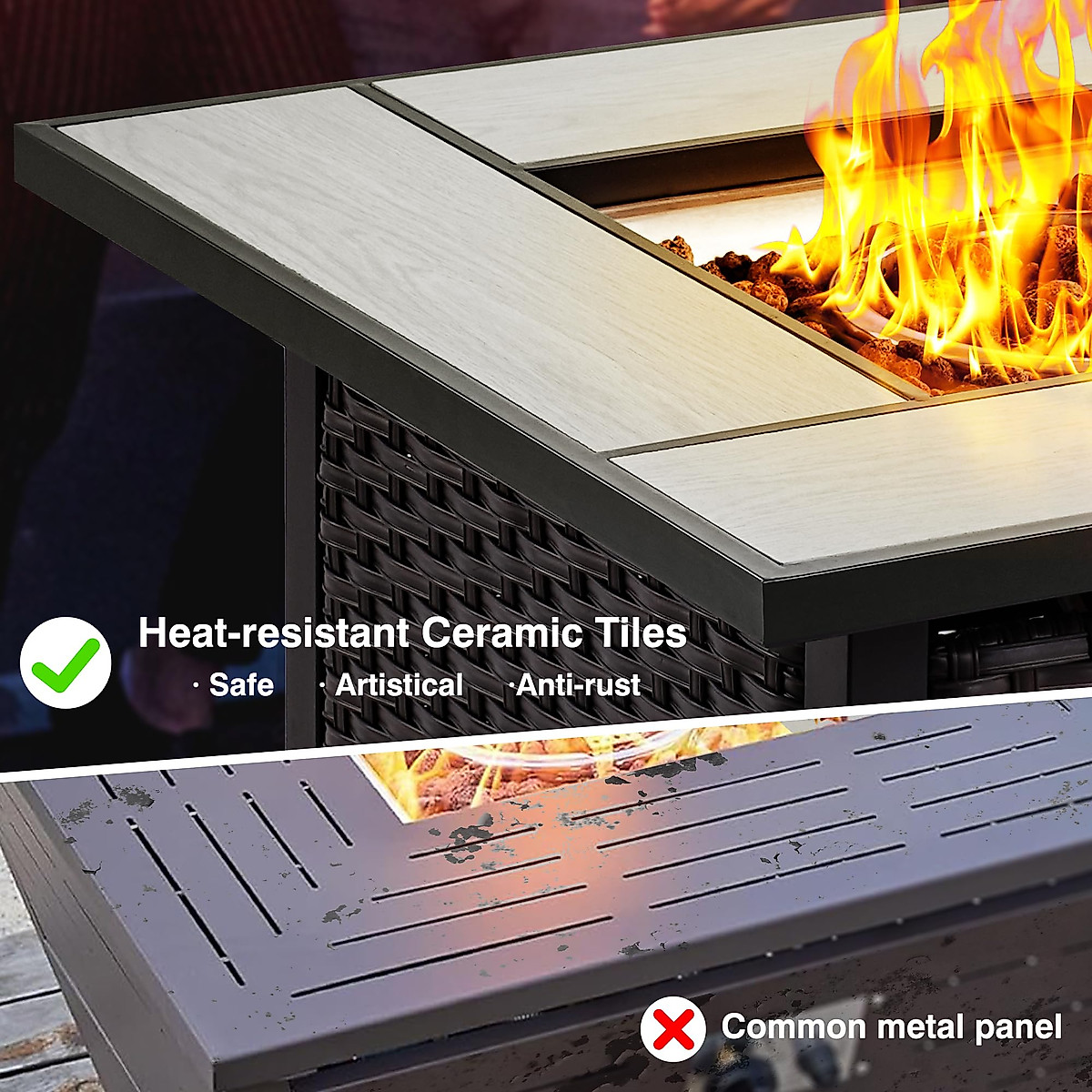 ovios 6 Pieces Patio Furniture Set with 30" Fire Pit Table, Outdoor Wicker Sofa with Ottomans, Comfy Cushions, High Back Couch Conversation Set, Brown Rattan, Orange Red