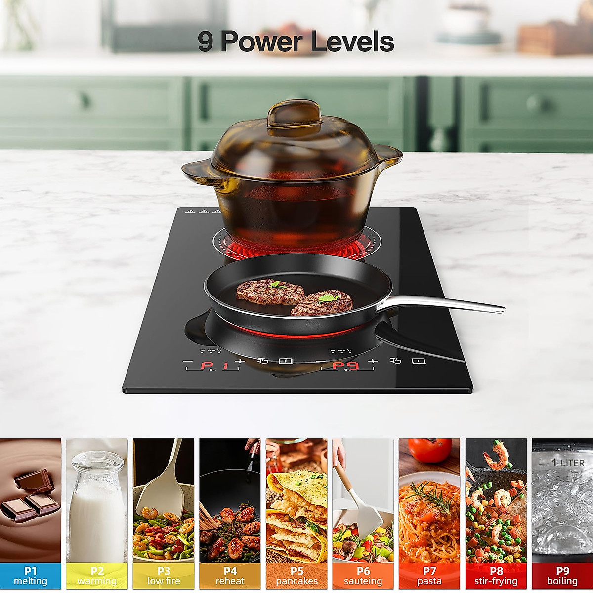 POTFYA Electric Cooktop, 12 Inch Built-in Radiant Electric Stove Top,110V 2100W Electric burner with 2 Burners,9 Power Levels,Kids Safety Lock & Timer, Overheat Protection,Sensor Touch Control