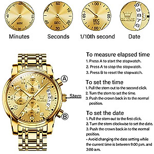 Gold Watch for Men Arabic Number Large Face Quartz Wrist Watches Stainless Steel Luxury Mens Water Resistant Luminous Chronograph Watch Calendar Display Classic Round Men's Cuff Watches Easy Read