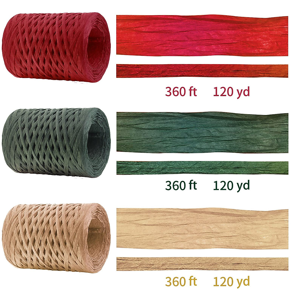 CREATRILL Raffia Ribbon Red Green Natural 3 Rolls 1080 Feet, 360 Feet Each Roll, Paper Twine Wrapping Ribbon for Christmas
