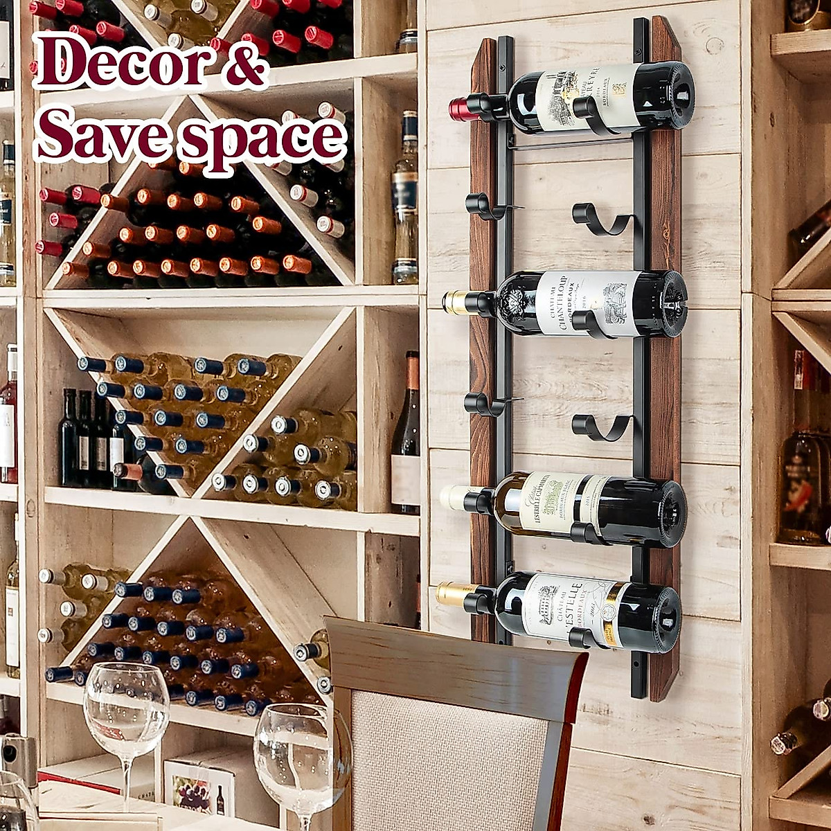 J JACKCUBE DESIGN Wine Rack Wall Mounted Organizer for 6 Bottles Holder, Stylish Kitchen Wine Storage Display Holder Shelf in Rustic Wood and Metal -MK819A