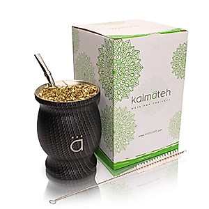Kalmateh Yerba Mate Gourd Set - Traditional Modern Mate Cup Includes Bombilla Filter Straw and Cleaning Brush- Double Walled Stainless Steel (Turquoise, 8.6 oz)