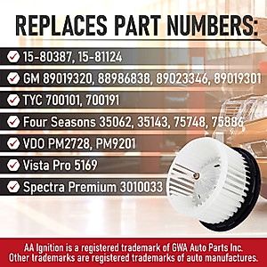 AA Ignition AC Blower Motor with Fan - Replaces 700191, 75748, 89019320, 89019301 - Compatible with Chevy, GMC & Cadilalc Vehicles - Silverado, Suburban, Avalanche, Sierra, Yukon, Yukon XL 1500, 2500
