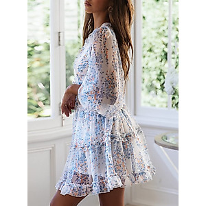 Dokotoo Womens Sun Casual V Neckline Long Sleeve Open Back Floral Print Mini Dress Bohemian Fashion Skater A Line Ruffle Hem Flowy Dresses White Large