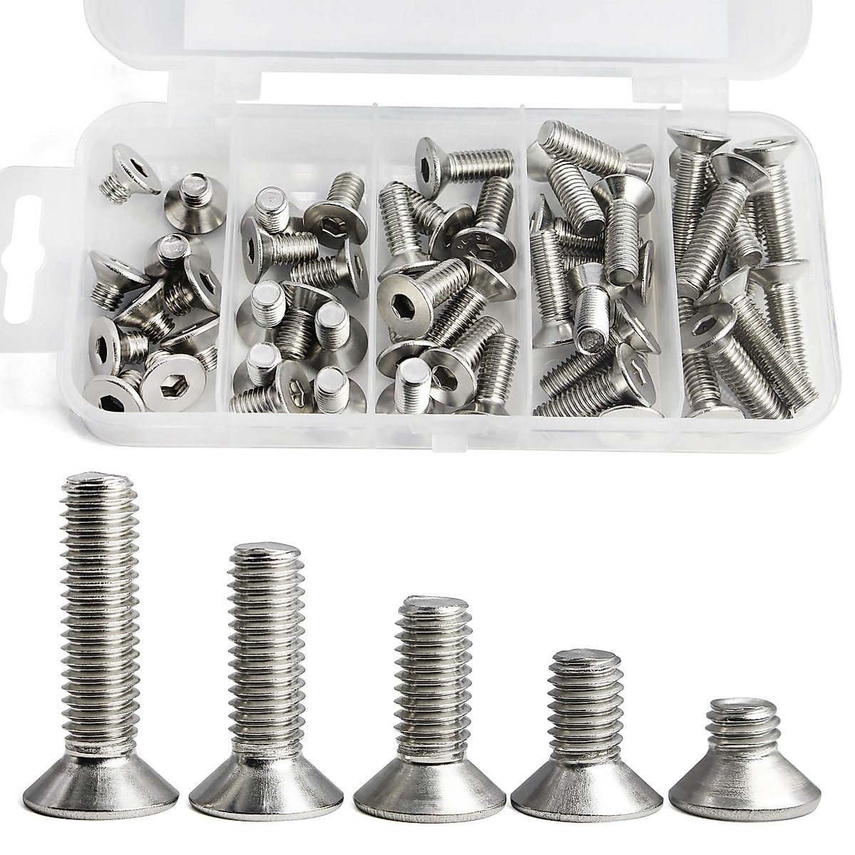 M5 x 8mm 12mm 16mm 20mm 25mm Flat Head Hex Socket Cap Screws Countersunk Bolts, 304 Stainless Steel, Fully Threaded, Bright Finish, Metric Allen Hex Drive, Assortment Kit 50PCS