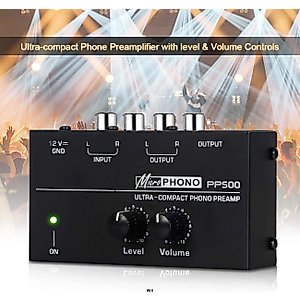 Phono Turntable Preamp-Mini Audio Stereo Phonograph，Separate DC 12V Power Adapter, RCA Input, RCA Output & Low Noise preamp,Portable, Independent Knob Control Operation -Depusheng PP500, Black