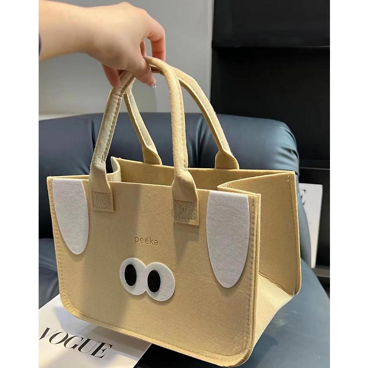 Achard Large Felt Tote Bag, Reusable Grocery Bags Collapsible Utility Tote for Food Containers,Groceries, Picnic,Beach, Pool,Travel (Beige)