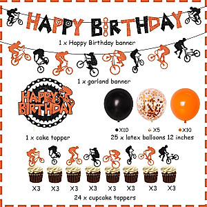 Bike Birthday Party Decorations Orange and Black Bicycle Motocross Party Decorations - BMX Happy Birthday Banner Bike Cake Topper Garland Balloons, Extreme Sports Party Supplies for Boys