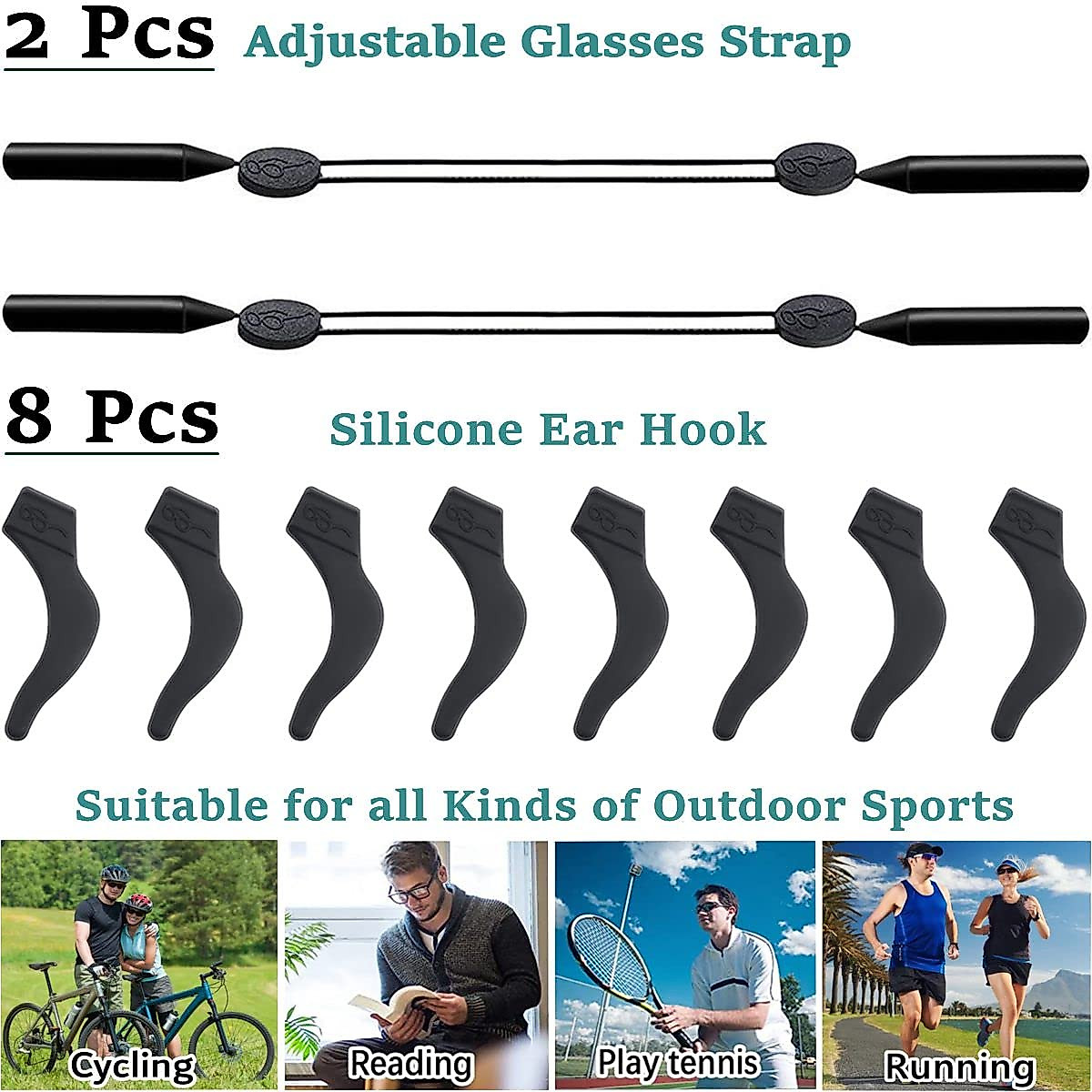 10 Pcs Glasses Strap, Sunglasses Strap, Eyeglasses Strap, 2 Pcs Upgrade Adjustable Eyewear Retainer, With 8 Pcs Ear Hooks, Sports Sunglasses Eyeglass Strap for Men Women Kids Glasses Holder Strap